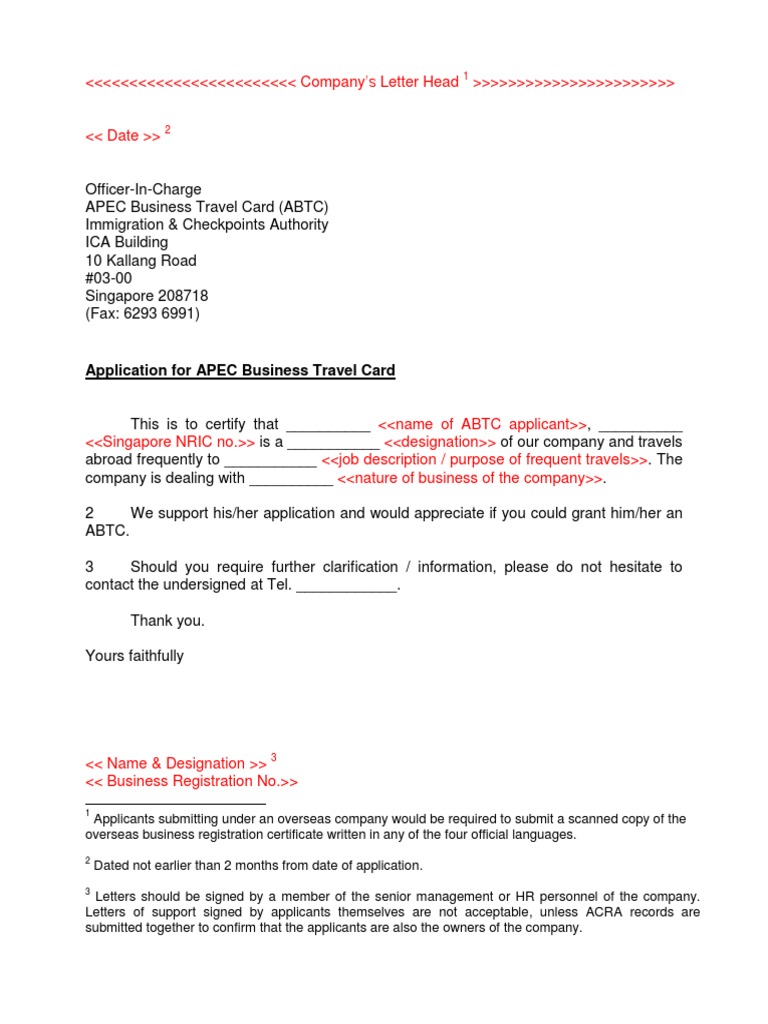 Sample Apec Travel Card Letter Of Support - ID:5c1417e1901b8